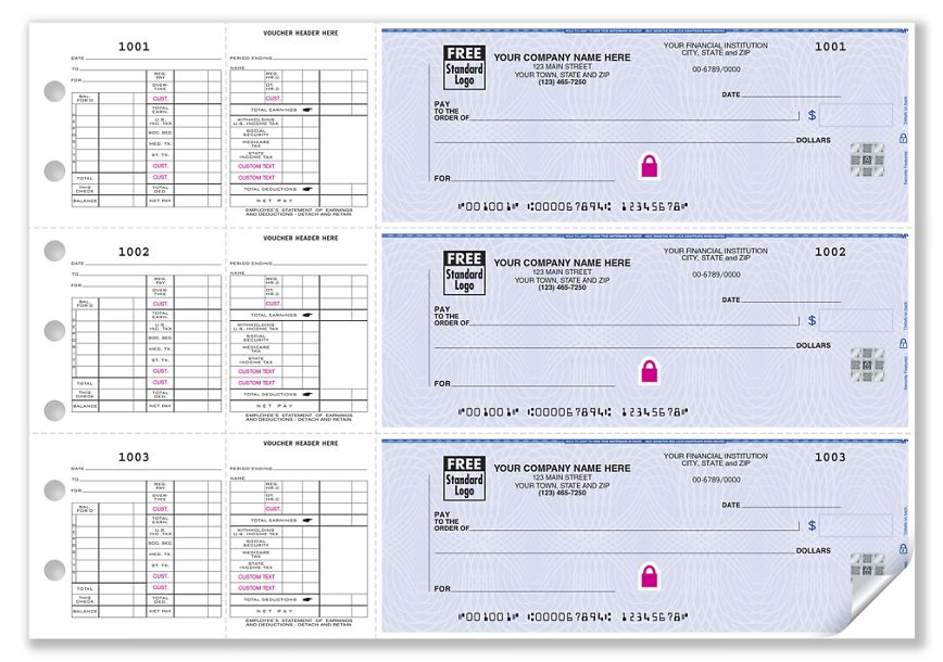 High Security 3 On Page Hourly Payroll Checks With Voucher & Stub