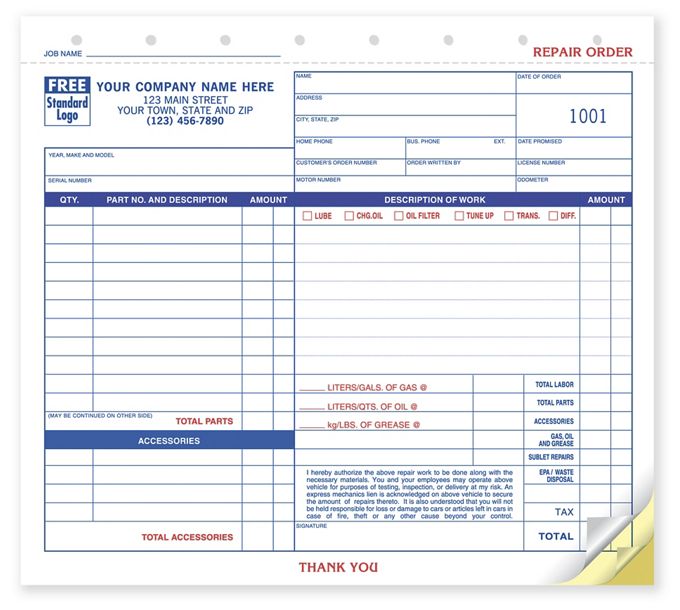 Repair Orders Work Orders - Repair Order Sheets and Work Order Form ...