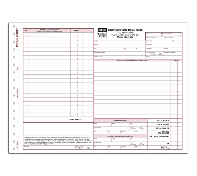 Repair Orders Work Orders - Repair Order Sheets and Work Order Form ...