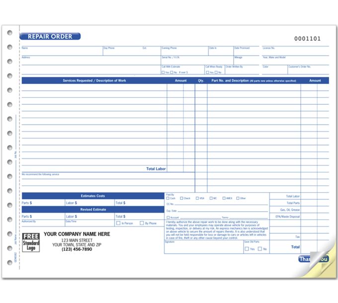 Repair Order Form with Key Tag, Carbonless | Deluxe.com