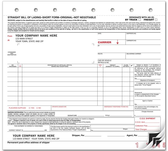Shipping Forms - Custom Small Bills of Lading Form for Shipment ...