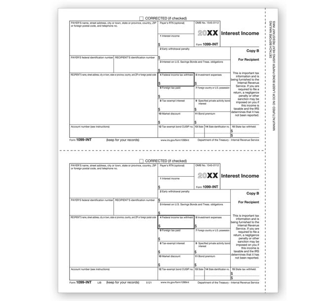 Laser 1099-INT Income, Recipient Copy B | Deluxe.com