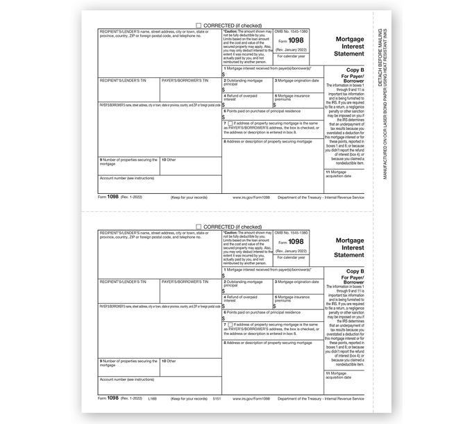Laser 1098 Mortgage Interest Payer/Borrower Copy B Bulk | Deluxe.com