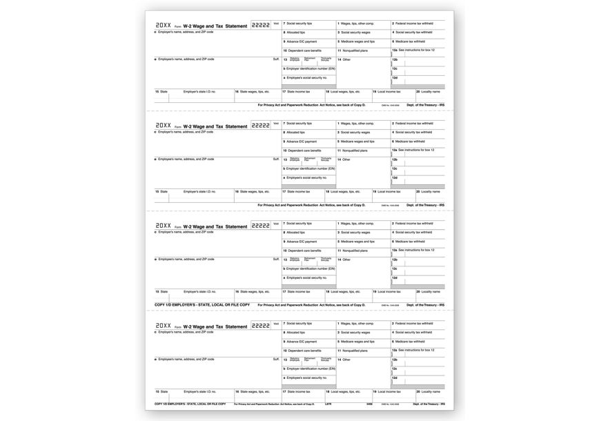 4-Up Laser W-2, Employer Copy, Horizontal Format, Bulk